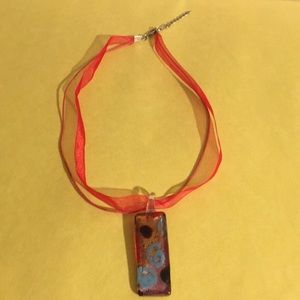 Jewelry | Red Ribbonstring Necklace With Glass Pendant | Poshmark